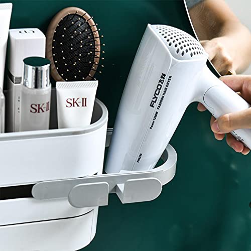 AFULILI Wall Mounted Bathroom Storage Rack, Punch-Free Bathroom Organizers with Hair Dryer Holder, Multi-Functional Hair Styling Tool Organizer, Storage Rack with Drawer Plug Holder & 4 Hooks (Black)