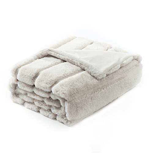 Cozy Bliss Luxury Super Soft Striped Faux Fur Throw Blanket for Couch, 50"x60" Beige, Warm Milky Plush Blanket for Sofa Bed Living Room Bedroom (Stripe-Beige)
