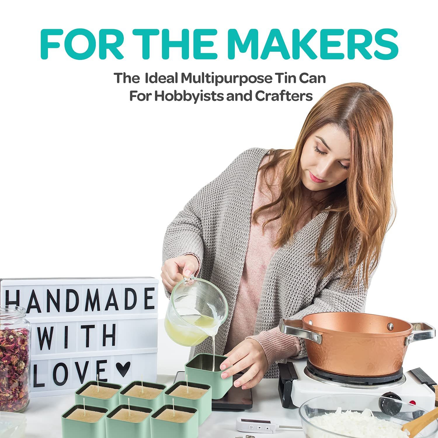 Hearts & Crafts Mint Square Tins with Lids - 24 Pack 8 oz Tin Cans for Candles Durable, Heat Resistant, Non-Rusting Tin Containers for Candle Making, Crafts, Gifts, and Storage and DIY Projects