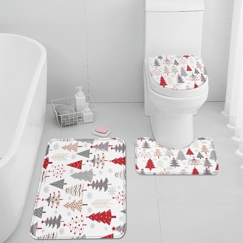 ArtSocket Bathroom Rugs and Mats Set 3 Piece, Christmas Trees Red Doodle Holly Absorbent Microfiber Memory Foam Bath Mat Machine Washable Bathroom Floor Mats