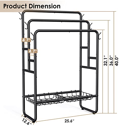 Kayfia 40" Tall Freestanding Towel Racks, 3 Tier Blanket Rack with 2 Removable Storage Baskets & 6 Hooks, Indoor Outdoor Floor Blanket Ladder Holder for Bedroom Bathroom Organizer (Metal Black)