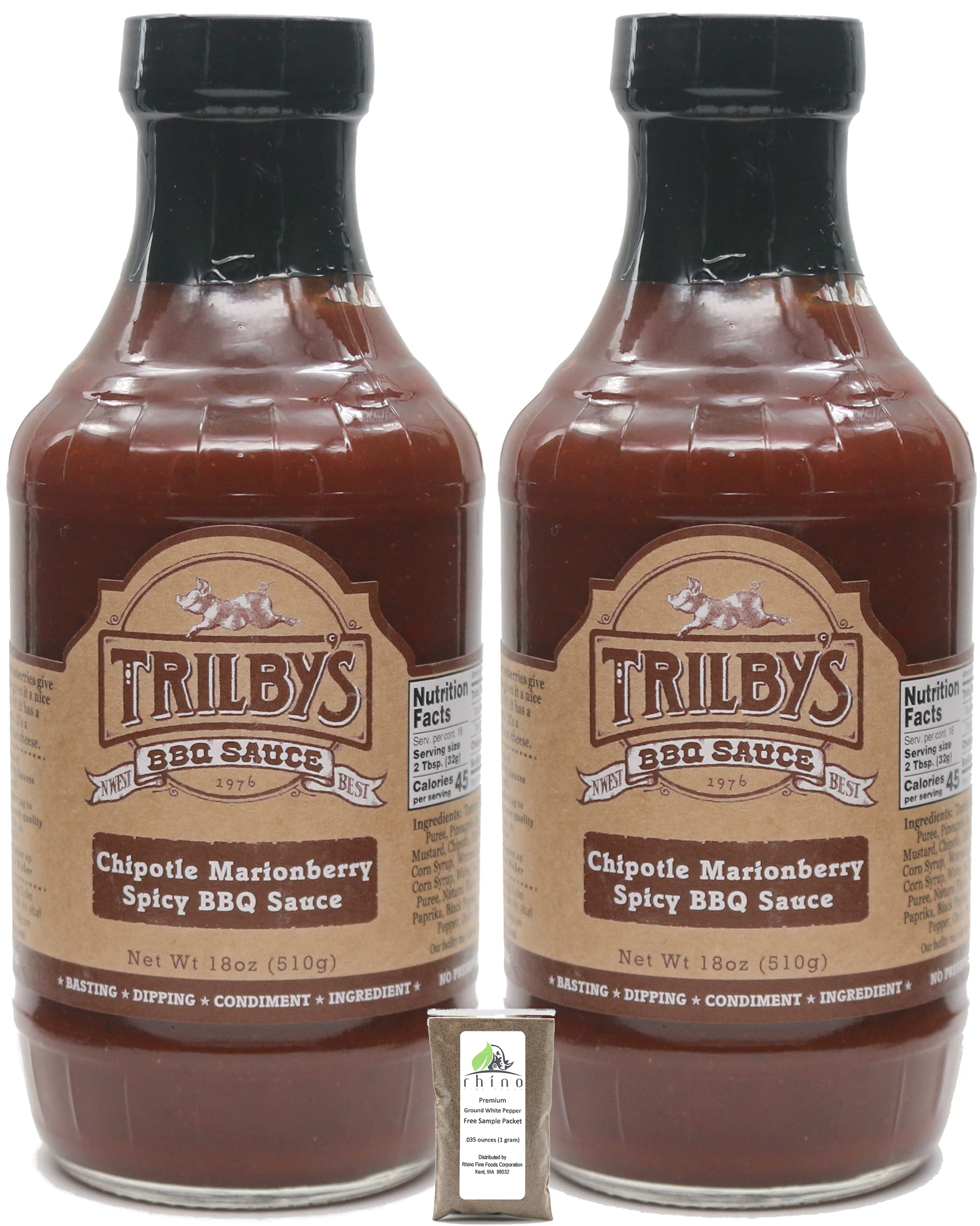 Trilby's NWest Best, Chipotle Marionberry Spicy BBQ Sauce "A Lotta Flavor, Just A Little Bitta Burn", Barbeque Sauces and Marinades, 18 oz (Pack of 2) + Includes-Free Rhino's Ground White Pepper.035oz