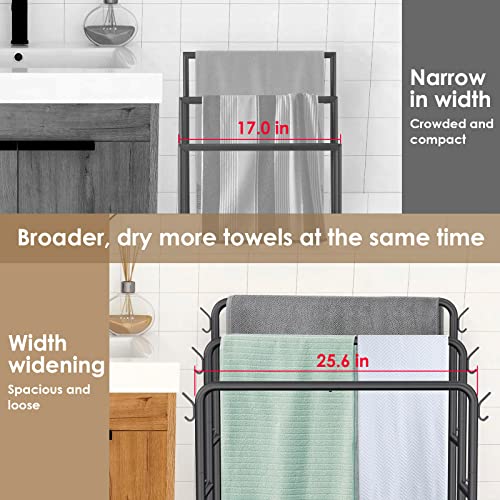 Kayfia 40" Tall Freestanding Towel Racks, 3 Tier Blanket Rack with 2 Removable Storage Baskets & 6 Hooks, Indoor Outdoor Floor Blanket Ladder Holder for Bedroom Bathroom Organizer (Metal Black)
