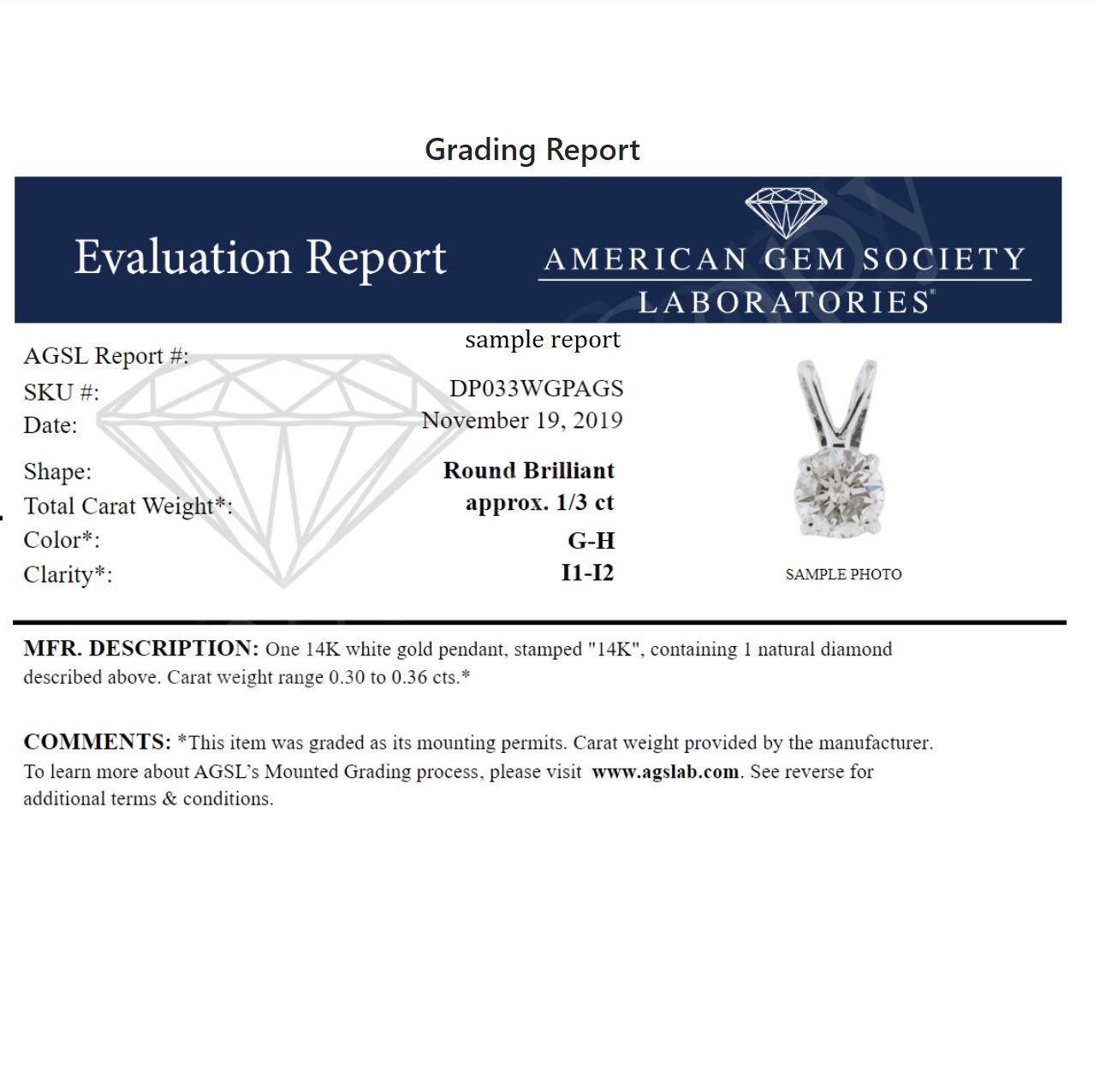 AGS Certified 1/3ct (G-H Color) REAL Diamond Solitaire Pendant Necklace for Women in 14K White Gold |Real Diamond in Real 14K White Gold