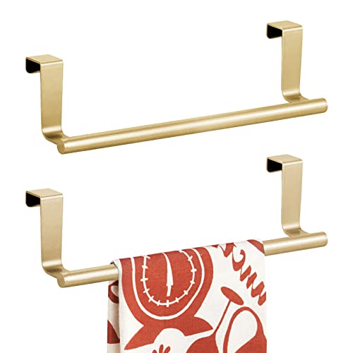 mDesign Metal Over The Door Towel Holder for Kitchen Cabinet - Hand, Dish, and Tea Towel Rack - Over The Door Towel Bar and Hanger - Kitchen/Bathroom Organizer - Omni Collection - 2 Pack, Soft Brass