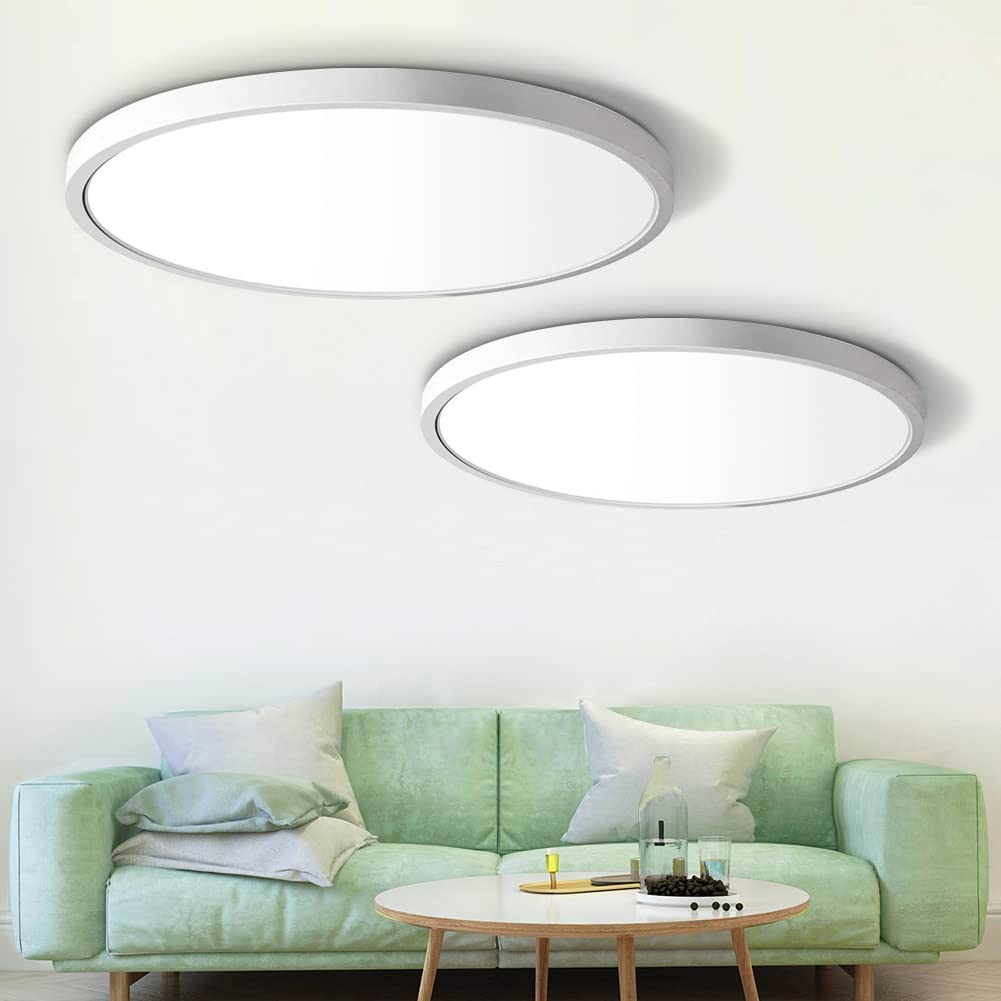 12 Inch 24W LED Flush Mount Ceiling Light Fixture, 5000K Daylight White, 3200LM, Flat Modern Round Light Fixtures, 240W Equivalent White Ceiling Lamp for Kitchens, Stairwells, Bedrooms.etc. 2Pack