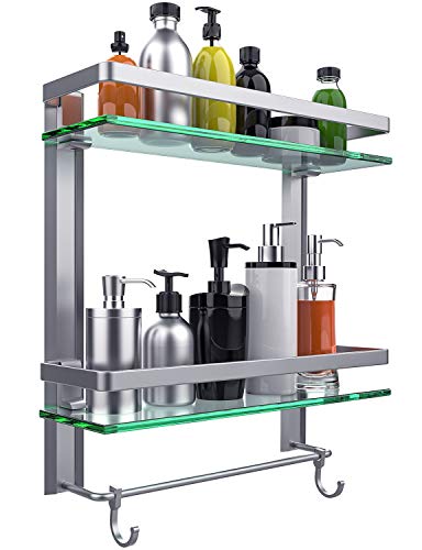 Vdomus Bathroom Tempered Glass Shelf with Towel Bar Wall Mounted, Brushed Silver Finish (2 Tier + 1 Tier)