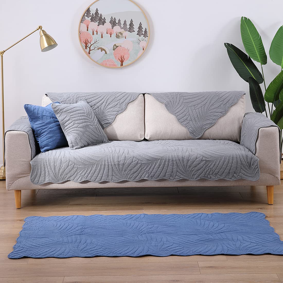 vctops Leaf Embroidery Cotton Couch Sofa Cover Non-Slip Sectional Couch Covers Sofa Slipcover for Dogs Cats Pet Love Seat Recliner Leather L Shaped, Armrest Backrest Cover(Grey,28"x82")