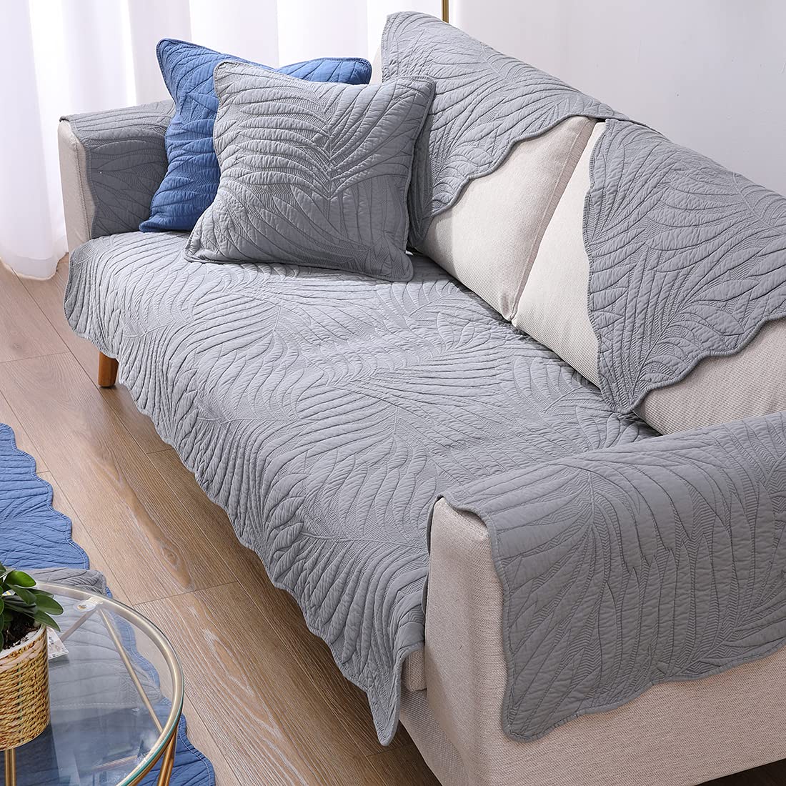 vctops Leaf Embroidery Cotton Couch Sofa Cover Non-Slip Sectional Couch Covers Sofa Slipcover for Dogs Cats Pet Love Seat Recliner Leather L Shaped, Armrest Backrest Cover(Grey,28"x82")