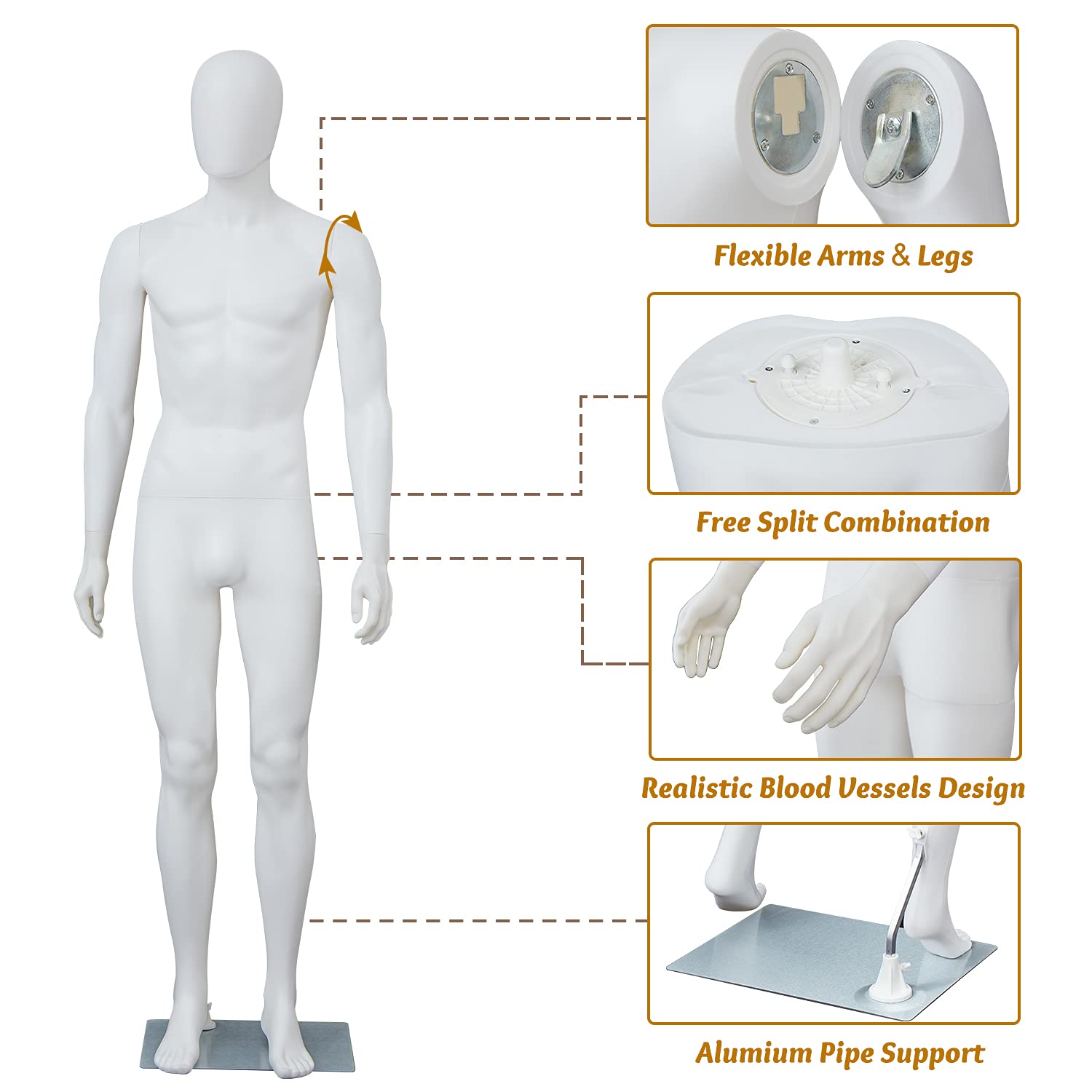 6Ft Male Mannequin Dress Form Display - Manikin Torso Stand Realistic Full Body Mannequin for Retail Clothing Shops, Halloween Christmas Cosplay, White