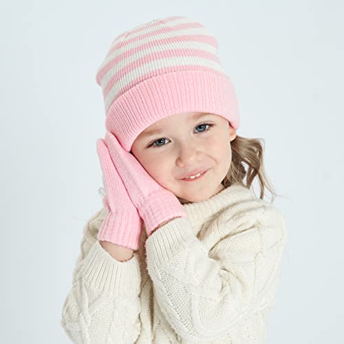 LAPI.ZAPI Toddler Hat and Gloves Set Girl Boys, Baby Winter Hats and Mittens for kids Warm Knitted Beanie (4-8 Years, M-Pink/White)