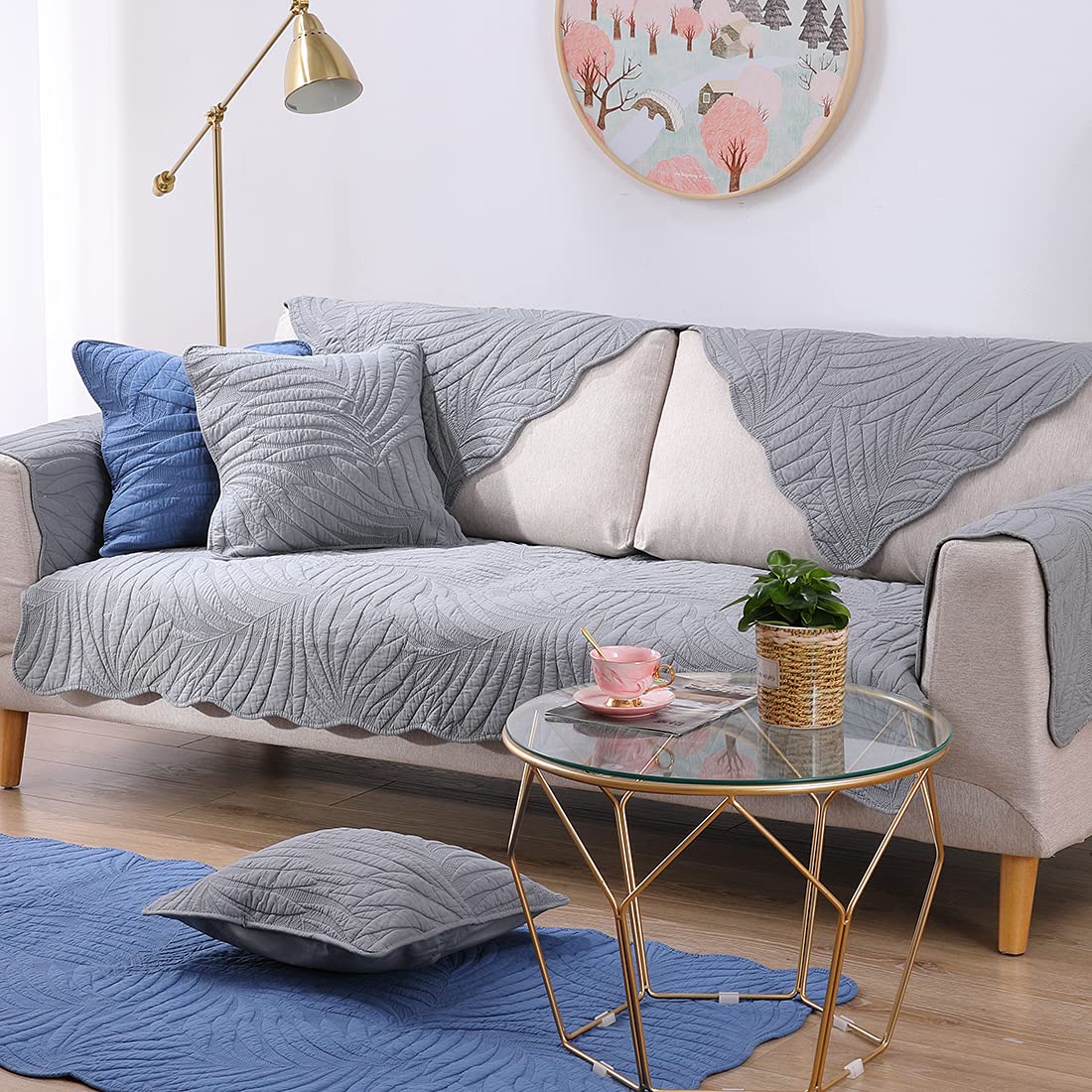 vctops Leaf Embroidery Cotton Couch Sofa Cover Non-Slip Sectional Couch Covers Sofa Slipcover for Dogs Cats Pet Love Seat Recliner Leather L Shaped, Armrest Backrest Cover(Grey,28"x82")