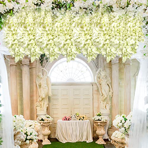 GOOCHOO 12 Pack 3.6 Feet Artificial Fake Wisteria Vine Ratta Hanging Garland Silk Flowers String Party Home Wedding Decor, (White)