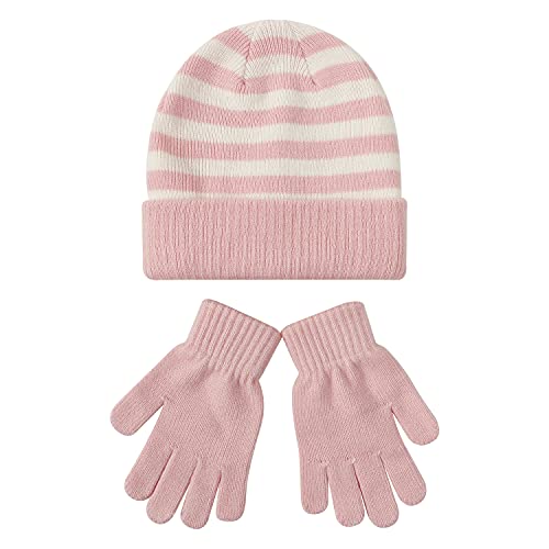 LAPI.ZAPI Toddler Hat and Gloves Set Girl Boys, Baby Winter Hats and Mittens for kids Warm Knitted Beanie (4-8 Years, M-Pink/White)