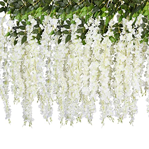 GOOCHOO 12 Pack 3.6 Feet Artificial Fake Wisteria Vine Ratta Hanging Garland Silk Flowers String Party Home Wedding Decor, (White)