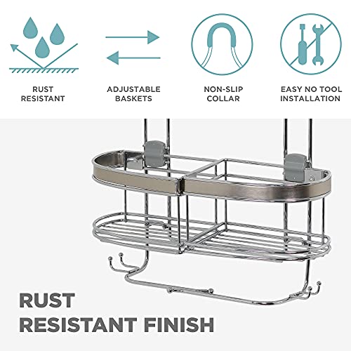 Zenna Home Hanging Shower Caddy, Over the Shower Head Bathroom Storage, Stainless Steel, For Handheld Shower Hoses, Rust Resistant, No Drilling, Expandable Organizer, 4 Baskets, Razor Holders, Hooks