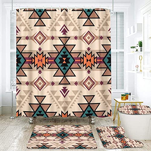 4 Pcs Shower Curtain Sets with Rugs Pink Retro Color Tribal Navajo Aztec Fancy Geometric Ethnic Hipster Weave Summer Durable Shower Curtain Sets with 12 Hooks Shower Curtain for Bathroom Set