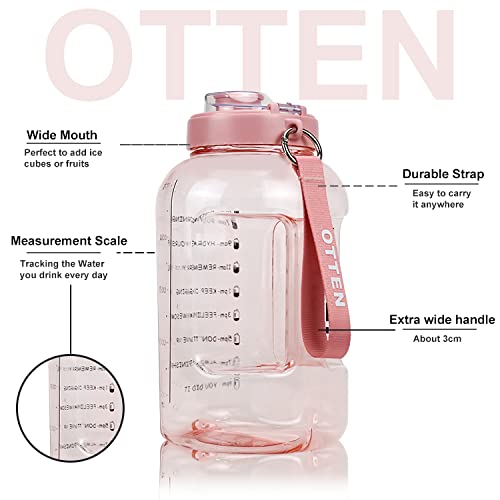 OTTEN Gallon Water Bottle with Time Marker - Water Bottles with Bottle Brush, Reusable Tritan Gym Water Bottle with Handle, BPA Free Leak Proof Water Jug (Pink, 128 Ounces)