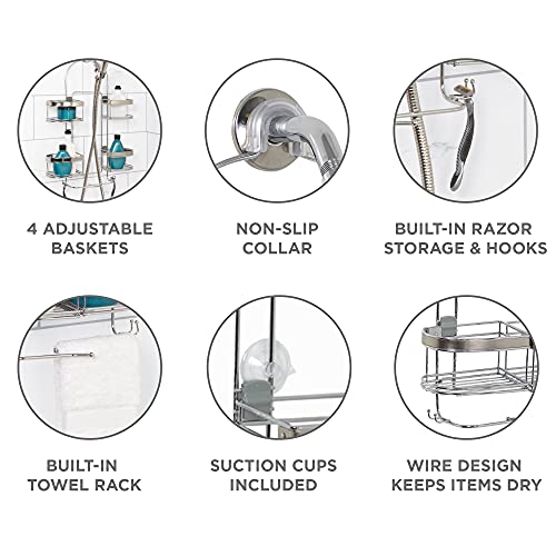 Zenna Home Hanging Shower Caddy, Over the Shower Head Bathroom Storage, Stainless Steel, For Handheld Shower Hoses, Rust Resistant, No Drilling, Expandable Organizer, 4 Baskets, Razor Holders, Hooks