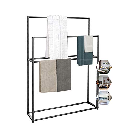 -Shelf Balcony Bathroom Freestanding Towel Holder,Metal Towel Rack Stand Alone,Bath Towel Stand for Bathroom Floor,Pool,Kitchen,Washroom/Black/85 * 20 * 110Cm