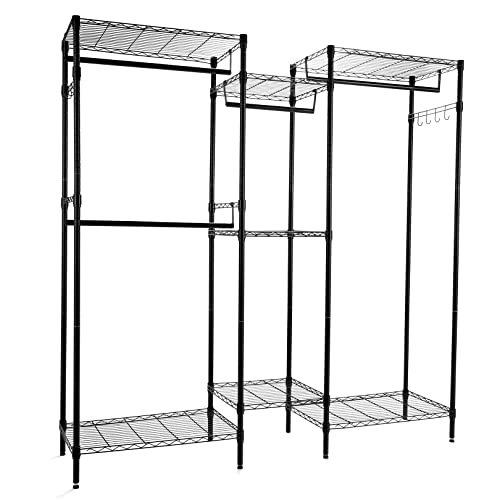 Homdox Free Standing Closet, Wire Shelving Clothing Rack Heavy Duty, with Side Hooks and Clothes Rods (Black)