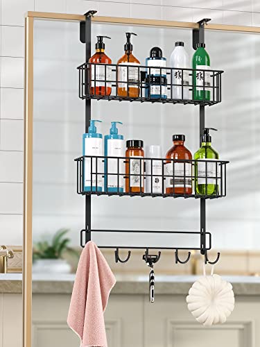 SMARTAKE Shower Caddy Over The Door, Bathroom Shelf with 10 Hooks, Fast-Draining Over Door Bathroom Organizer, Hanging Storage Rustproof for Dorm, Toilet, Bath and Kitchen (Black)