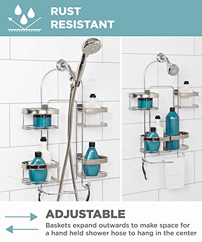 Zenna Home Hanging Shower Caddy, Over the Shower Head Bathroom Storage, Stainless Steel, For Handheld Shower Hoses, Rust Resistant, No Drilling, Expandable Organizer, 4 Baskets, Razor Holders, Hooks