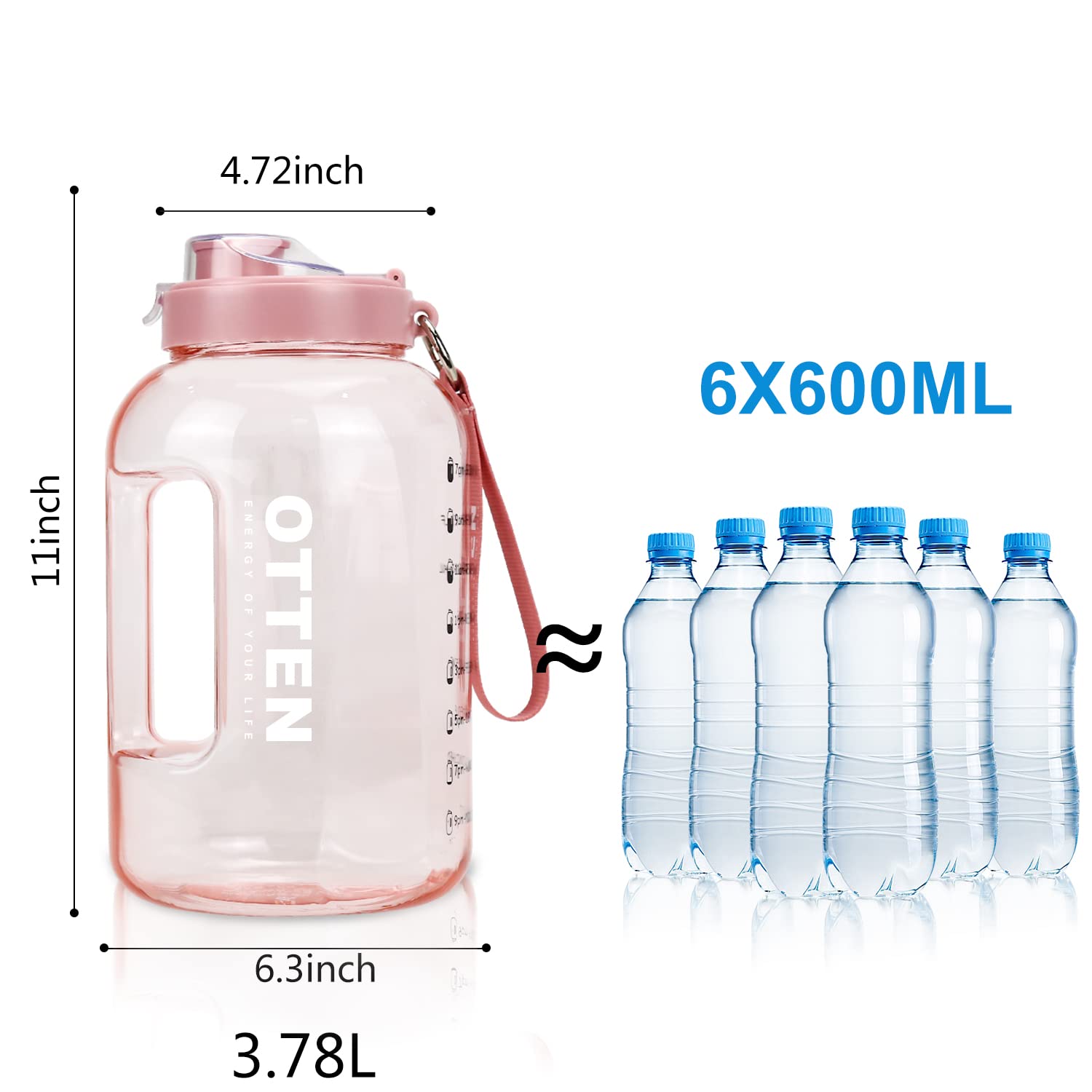 OTTEN Gallon Water Bottle with Time Marker - Water Bottles with Bottle Brush, Reusable Tritan Gym Water Bottle with Handle, BPA Free Leak Proof Water Jug (Pink, 128 Ounces)