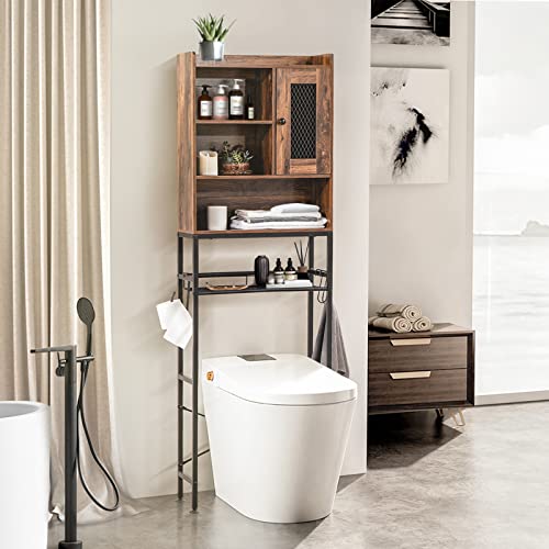 Labonida Over The Toilet Storage Cabinet - 5-Tier Freestanding Bathroom Organizer - Retro Space Saver Toilet Shelf - Multi-Function Display Shelves with Door