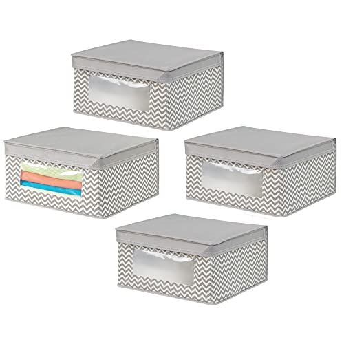 mDesign Medium Fabric Stackable Closet Storage Organizer Box, Front Window/Lid - Bedroom, Office, Mudroom Organization, Hold Clothes, Blankets, Linens, Spira Collection, 4 Pack, Taupe/Natural Chevron