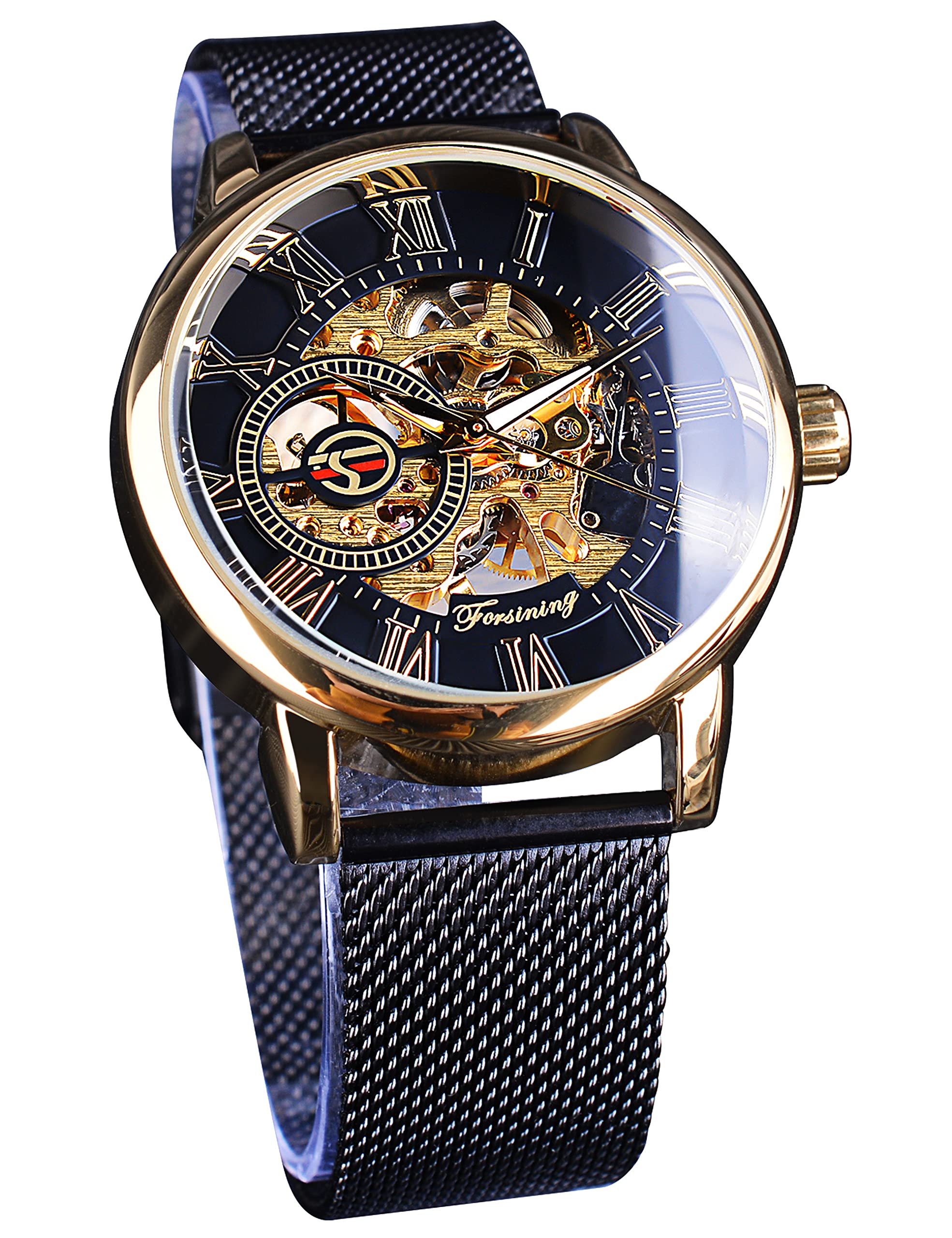 FORSINING Steampunk Watches for Men Hand Wind Watches Retro Design Staem Punk Mechanical Skeleton Wrist Watch Transparent Business Mesh Band Watch (Golden-Black)