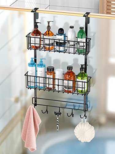 SMARTAKE Shower Caddy Over The Door, Bathroom Shelf with 10 Hooks, Fast-Draining Over Door Bathroom Organizer, Hanging Storage Rustproof for Dorm, Toilet, Bath and Kitchen (Black)