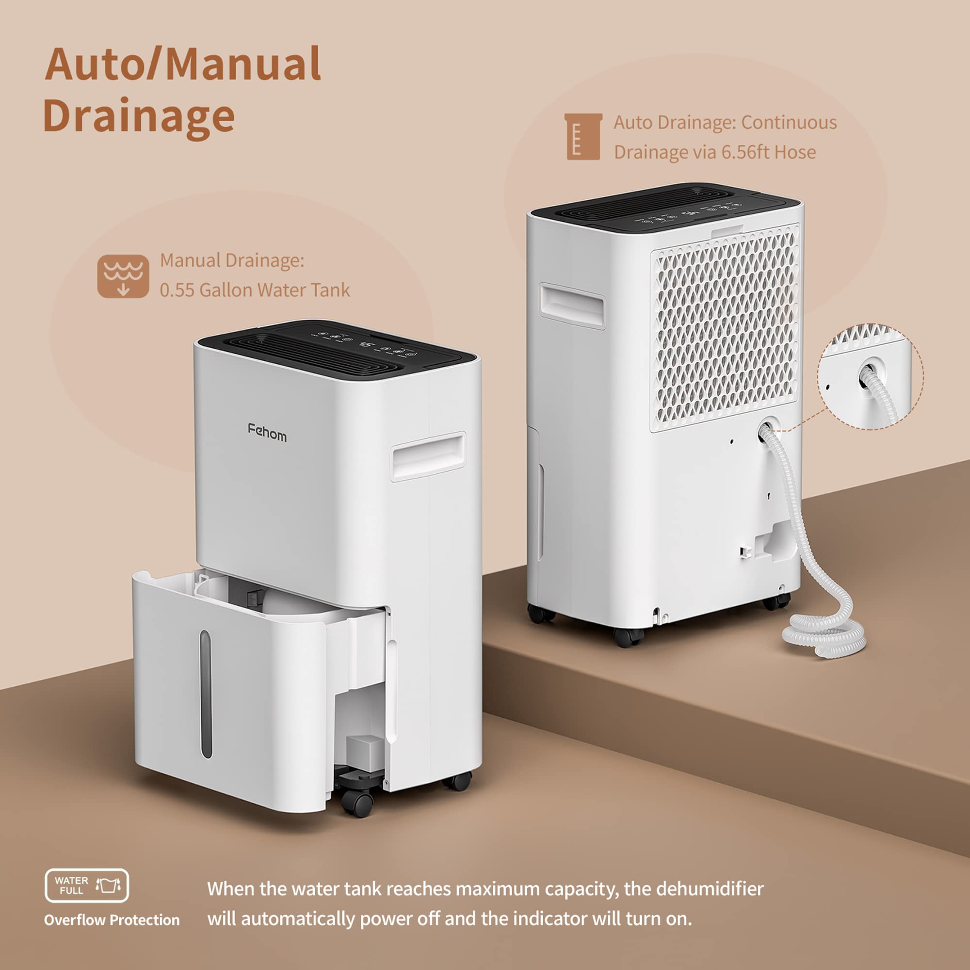 Fehom 4500 Sq. Ft Dehumidifier for Home Basements Bathroom Bedroom Continuous Drainage, with Auto Shut Off Humidity Control and Drain Hose