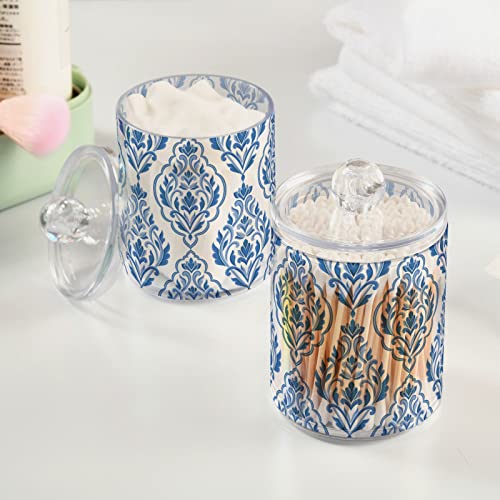 xigua 2 Pack Blue White Damask Pattern Apothecary Jars with Lid, Qtip Holder Storage Containers for Cotton Ball, Swabs, Pads, Clear Plastic Canisters for Bathroom Vanity Organization (10 Oz)
