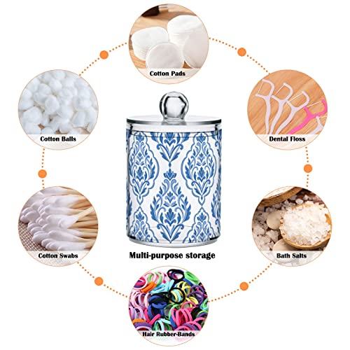xigua 2 Pack Blue White Damask Pattern Apothecary Jars with Lid, Qtip Holder Storage Containers for Cotton Ball, Swabs, Pads, Clear Plastic Canisters for Bathroom Vanity Organization (10 Oz)