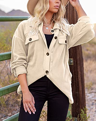 Merryfun Womens Flannel Shirt Jacket Button Down Long Sleeve Oversized Shacket Coat Loose Casual Blouse Tops With Pockets,Beige L