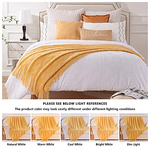 BATTILO HOME Mustard Throw Blanket with Fringe Geometric Bed Gold Yellow Throws Breathable Decorative Large Throw for Couch Sofa Indoor Outdoor (Mustard, 50"x60")