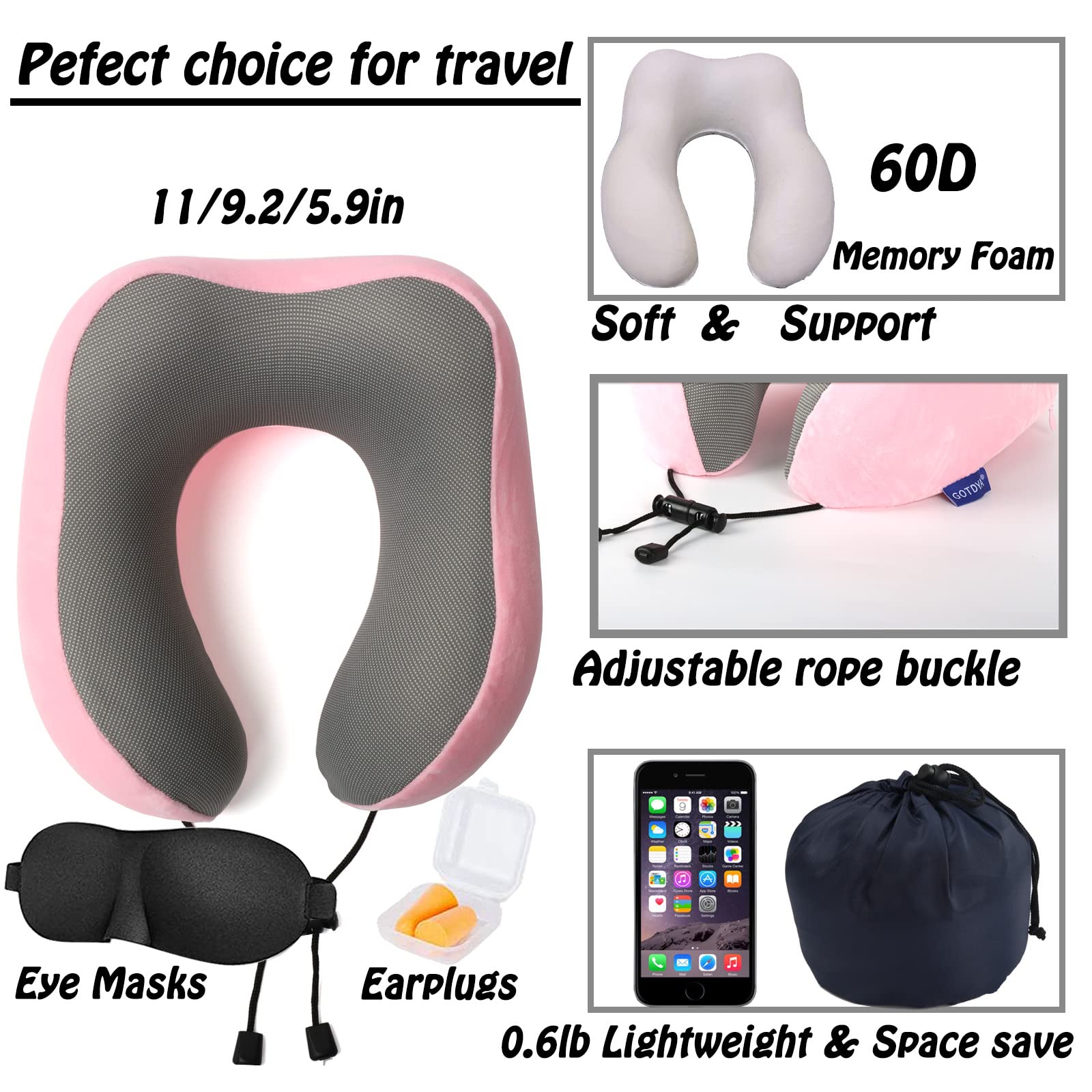 GOTDYA Travel Pillow,Travel Neck Pillows for Sleeping,100% Pure Memory Foam Soft Comfort & Support Pillow for Airplane/Car/Office&Home Rest Use-Pink