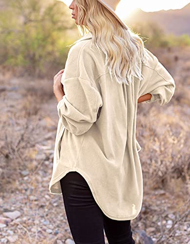 Merryfun Womens Flannel Shirt Jacket Button Down Long Sleeve Oversized Shacket Coat Loose Casual Blouse Tops With Pockets,Beige L