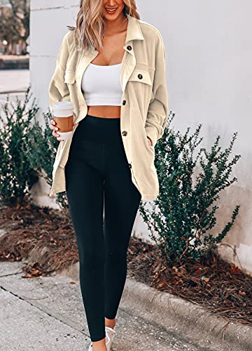 Merryfun Womens Flannel Shirt Jacket Button Down Long Sleeve Oversized Shacket Coat Loose Casual Blouse Tops With Pockets,Beige L