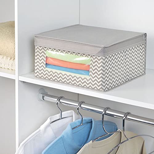mDesign Medium Fabric Stackable Closet Storage Organizer Box, Front Window/Lid - Bedroom, Office, Mudroom Organization, Hold Clothes, Blankets, Linens, Spira Collection, 4 Pack, Taupe/Natural Chevron