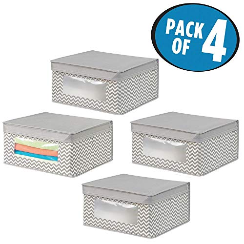 mDesign Medium Fabric Stackable Closet Storage Organizer Box, Front Window/Lid - Bedroom, Office, Mudroom Organization, Hold Clothes, Blankets, Linens, Spira Collection, 4 Pack, Taupe/Natural Chevron