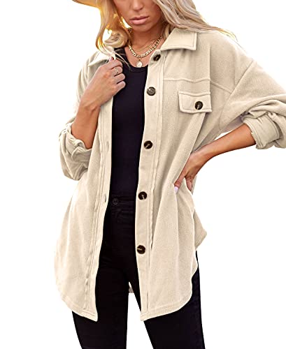 Merryfun Womens Flannel Shirt Jacket Button Down Long Sleeve Oversized Shacket Coat Loose Casual Blouse Tops With Pockets,Beige L