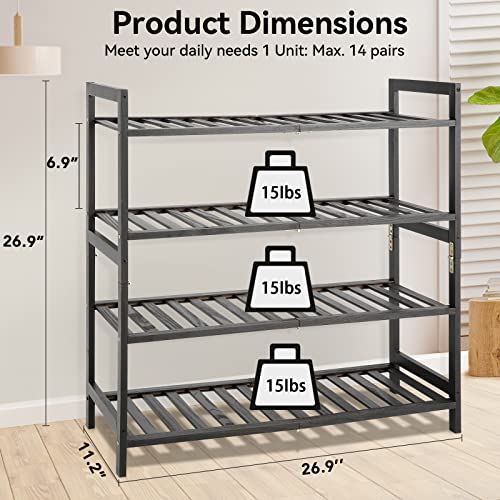 HIPTIS Shoe Rack, 4-Tier Wood Shoe Shelf , Stackable Foldable Freestanding Storage Organizer Shoe Stand for Entryway, Hallway,Bedroom and Closet,27 x 11 x 27 inch