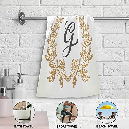 Oreayn Monogrammed Hand Towel for Bathroom Kitchen Beach Polyester Cotton Set of 2 Gold Leaves Wreath Fingertip Towel Soft Absorbent 28.3 x 14.4 Inch, Monogram Letter G