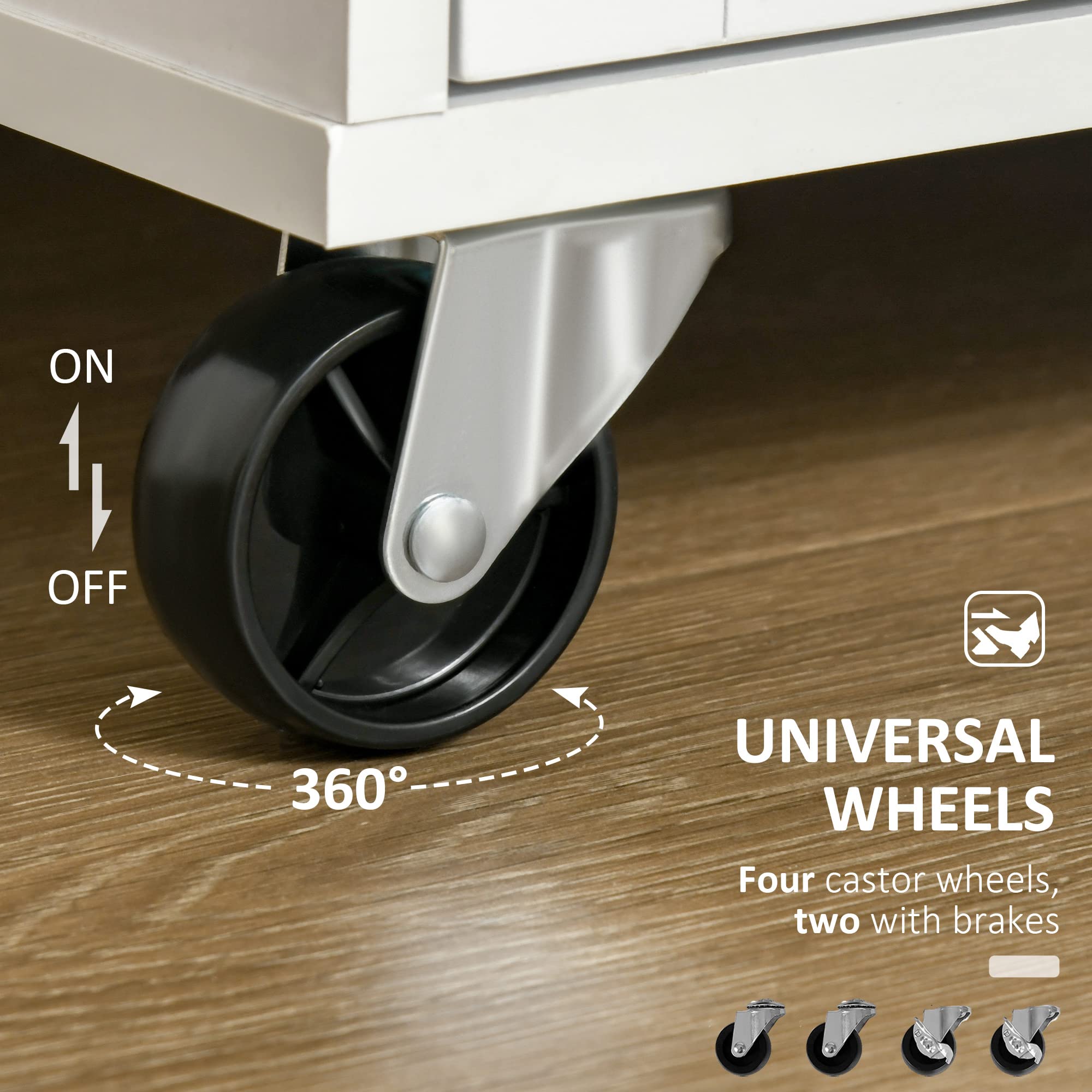 HOMCOM 41" Modern Rolling Kitchen Island on Wheels, Utility Cart Storage Trolley with Rubberwood Top & Drawers, White