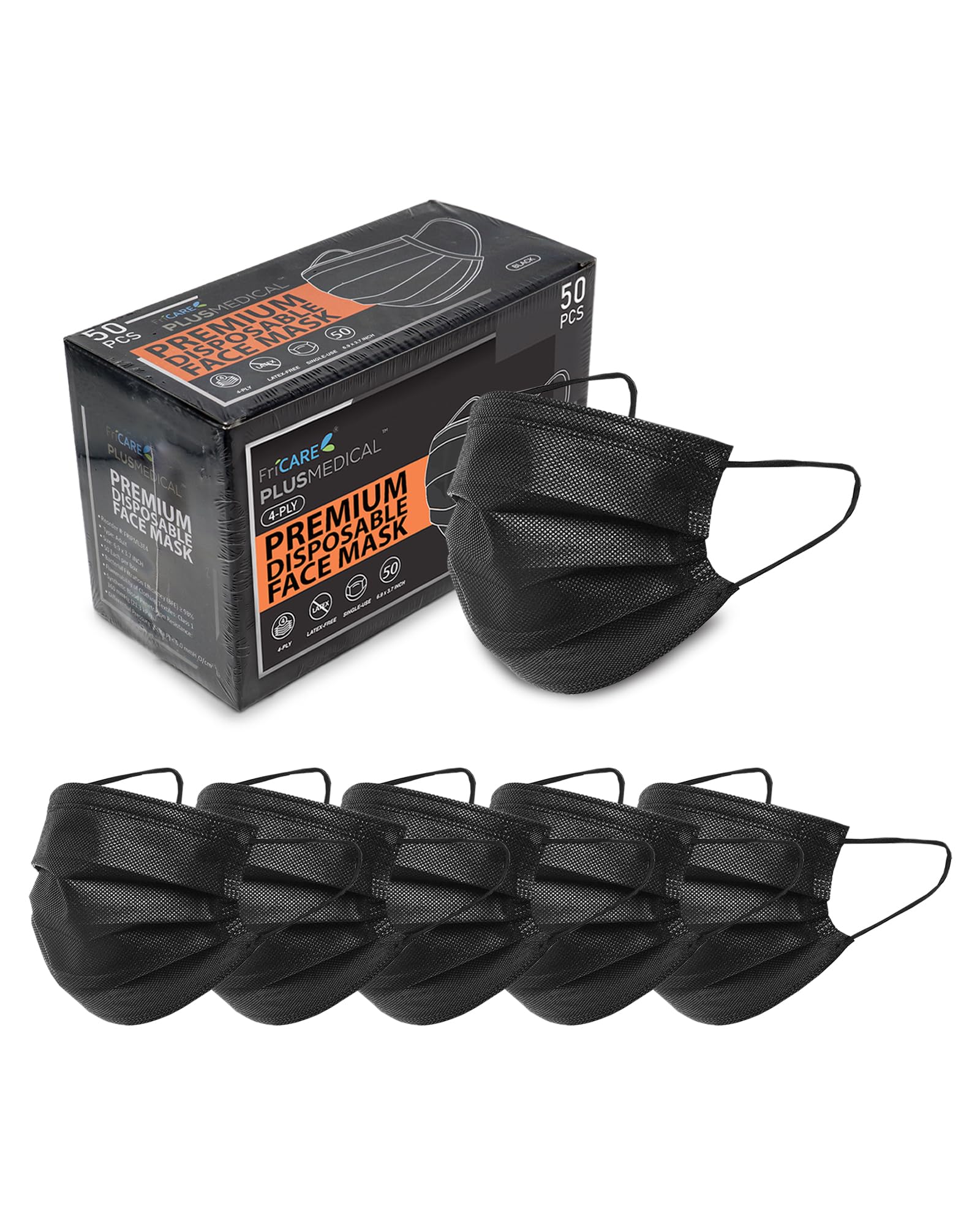 FriCARE Face Masks Disposable for Adults, 4 Ply ASTM Level 3, FSA HSA Eligible, Allergy Protection, Individually Wrapped, 50 Pack, Classic Solid Black