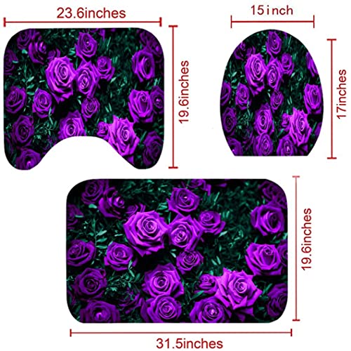 MrLYouth Many Purple Rose Shower Curtain Sets with Rugs 4Pcs Waterproof Polyester Durable Bathroom Non-slip Bath Mat and Toilet Lid Cover Botanical Floral 12 Hooks 71x71inch