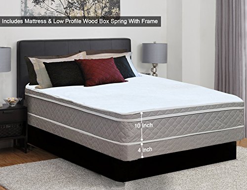 Mattress Comfort Medium Plush Eurotop Pillowtop Innerspring Mattress and 4" Low Profile Wood Boxspring/Foundation Set, with Frame, Queen Size