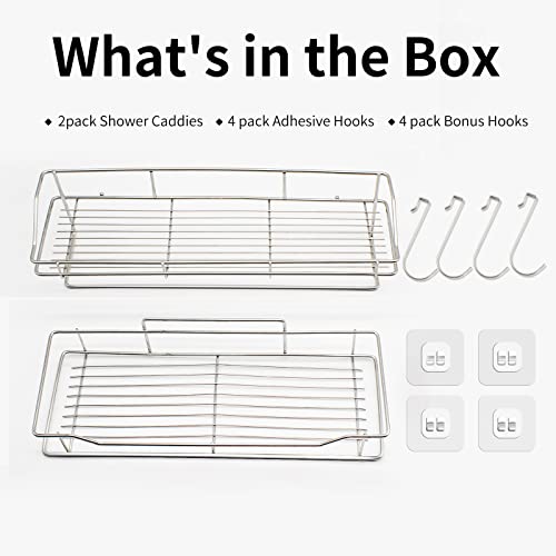 Go Green Tableware GOGN Shower Caddy Shelf with 4 Hooks,Adhesive Shower Organizer for Bathroom Storage,304 Stainless Steel,No Drilling and Wall Mounted,2 Pack (Silver)